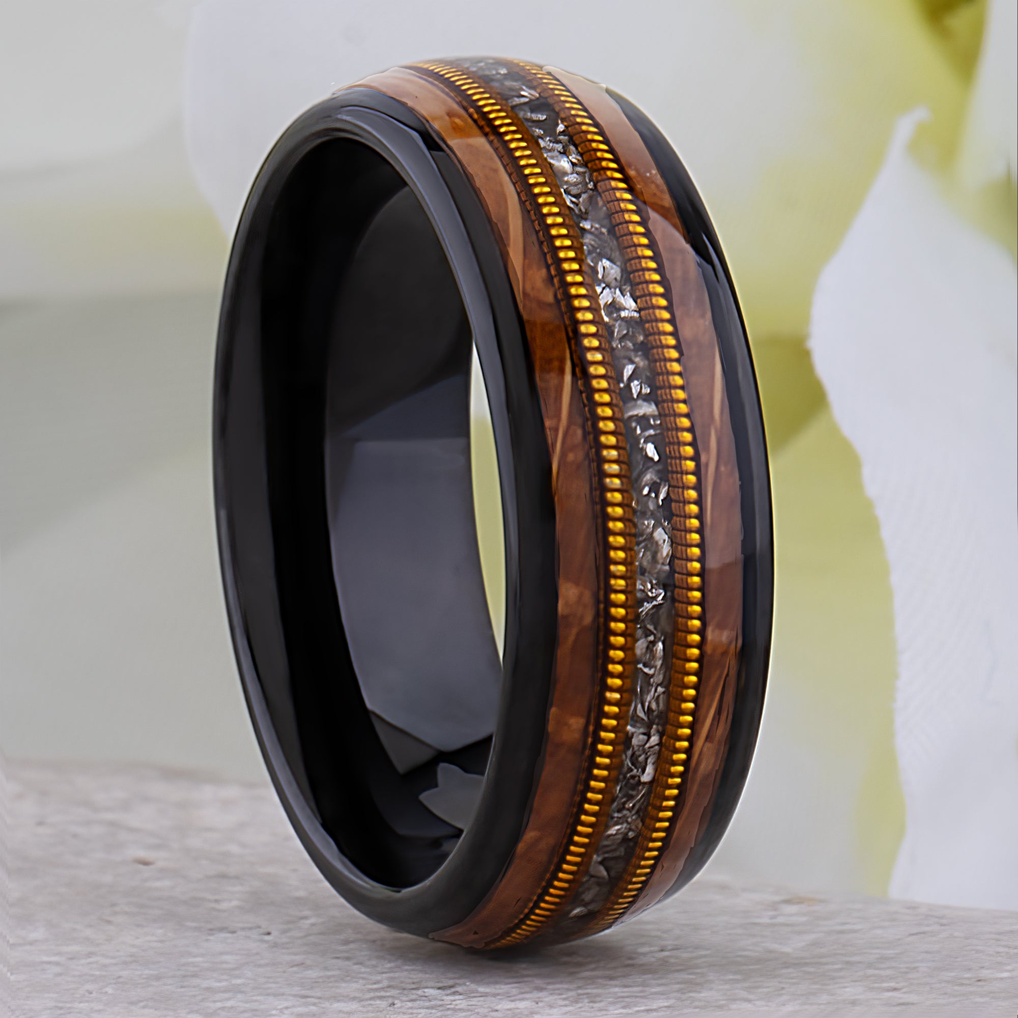 Whiskey Barrel Wood and Guitar String Tungsten Wedding Ring