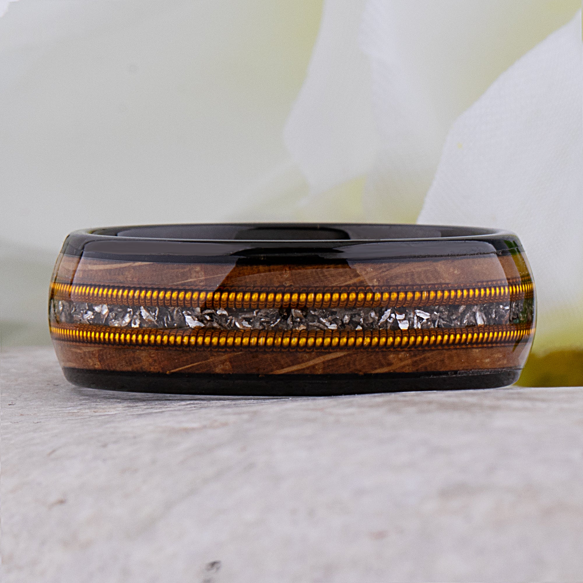 Whiskey Barrel Wood and Guitar String Tungsten Wedding Ring