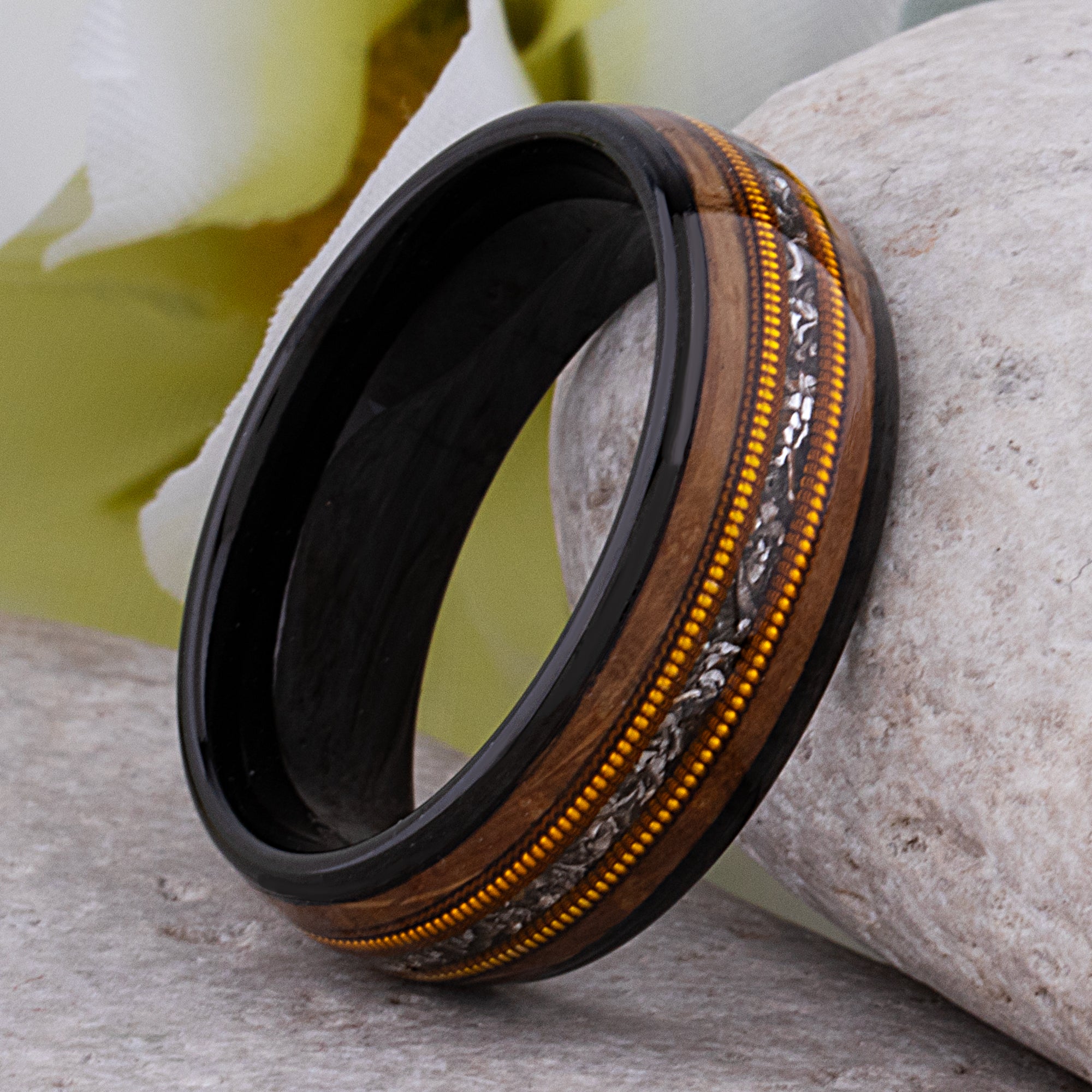 Whiskey Barrel Wood and Guitar String Tungsten Wedding Ring