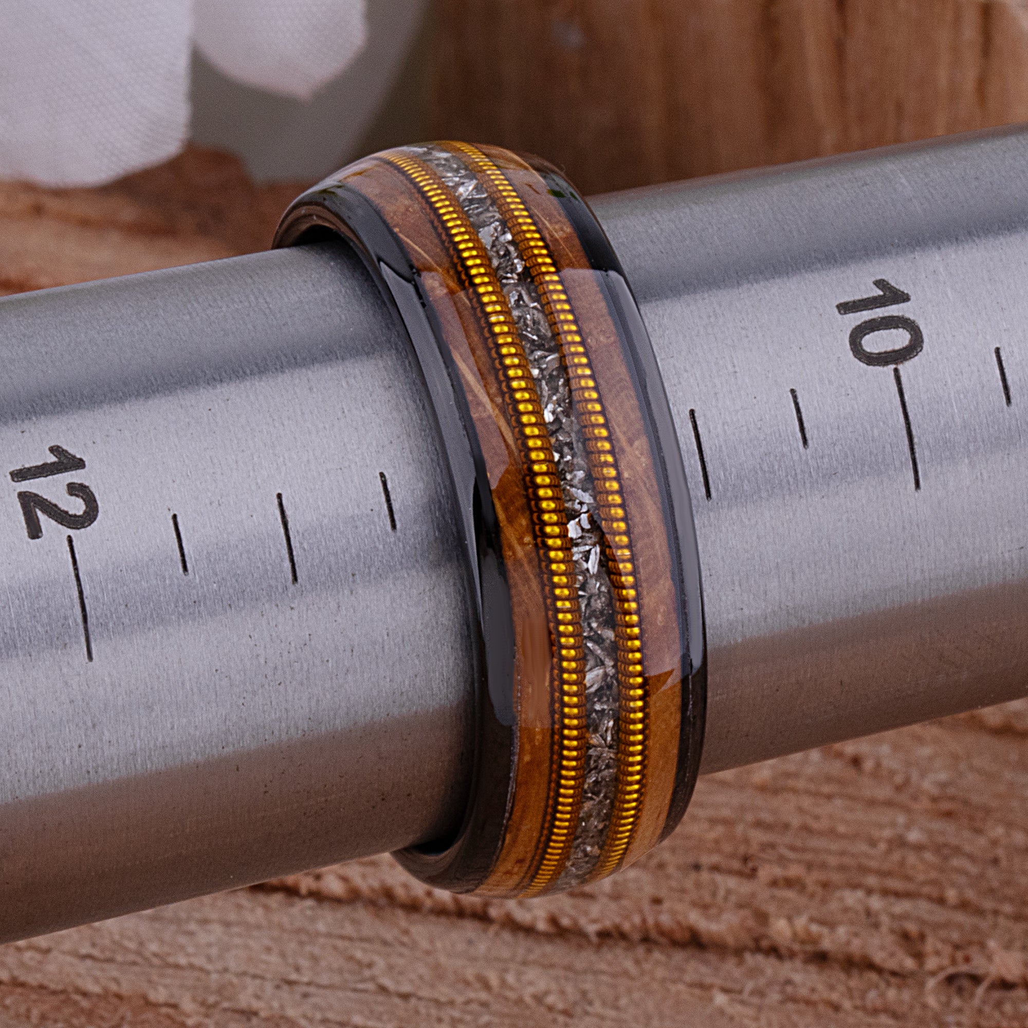 Whiskey Barrel Wood and Guitar String Tungsten Wedding Ring