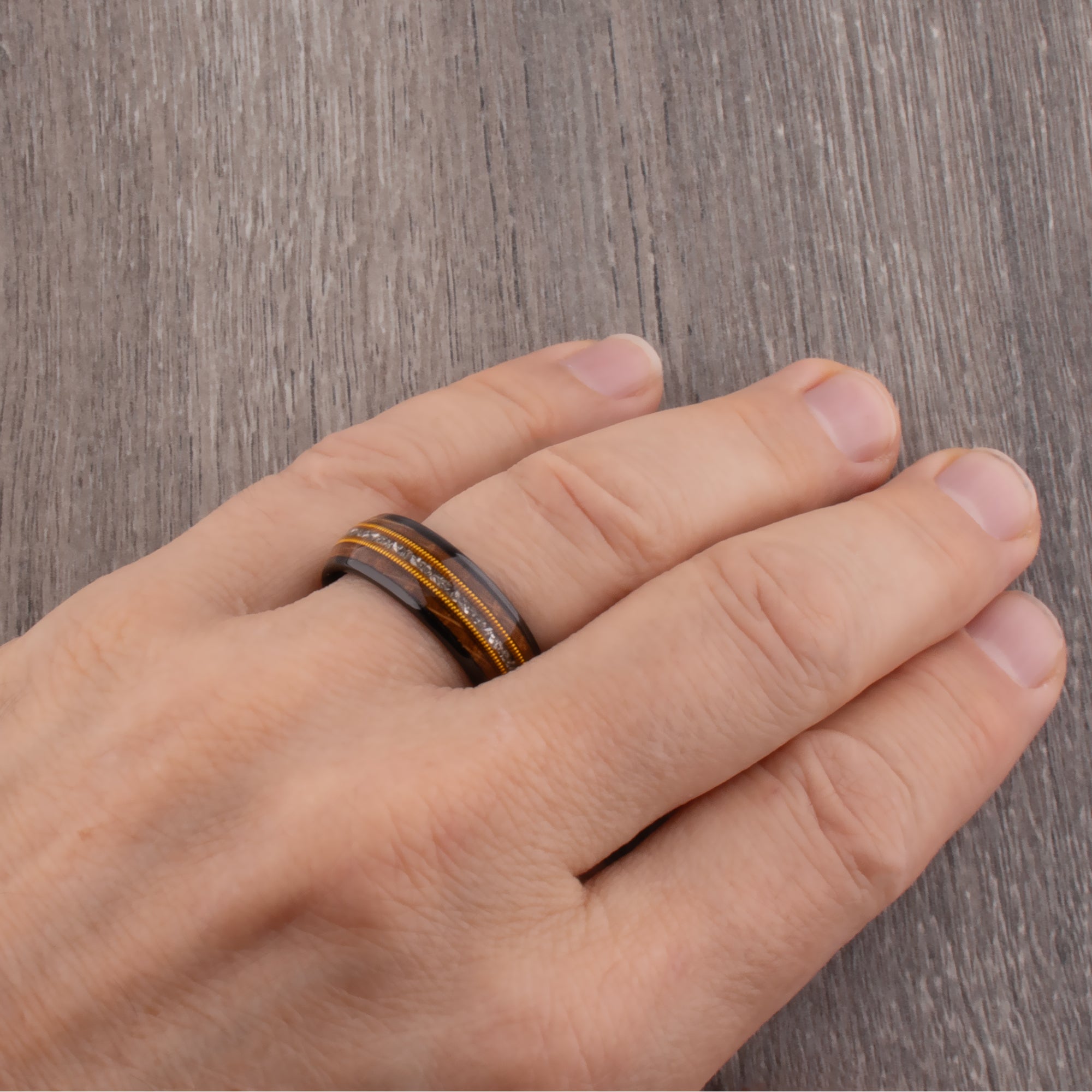 Whiskey Barrel Wood and Guitar String Tungsten Wedding Ring