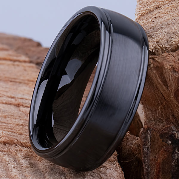 Black Ceramic Men's Wedding or Promise Ring - 8mm Width