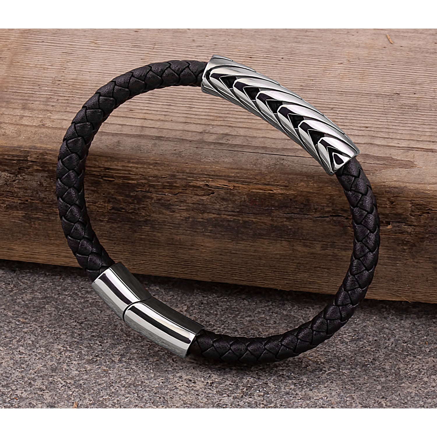 Men's Stainless Steel Geometric Design Bracelet with Black Leather - S